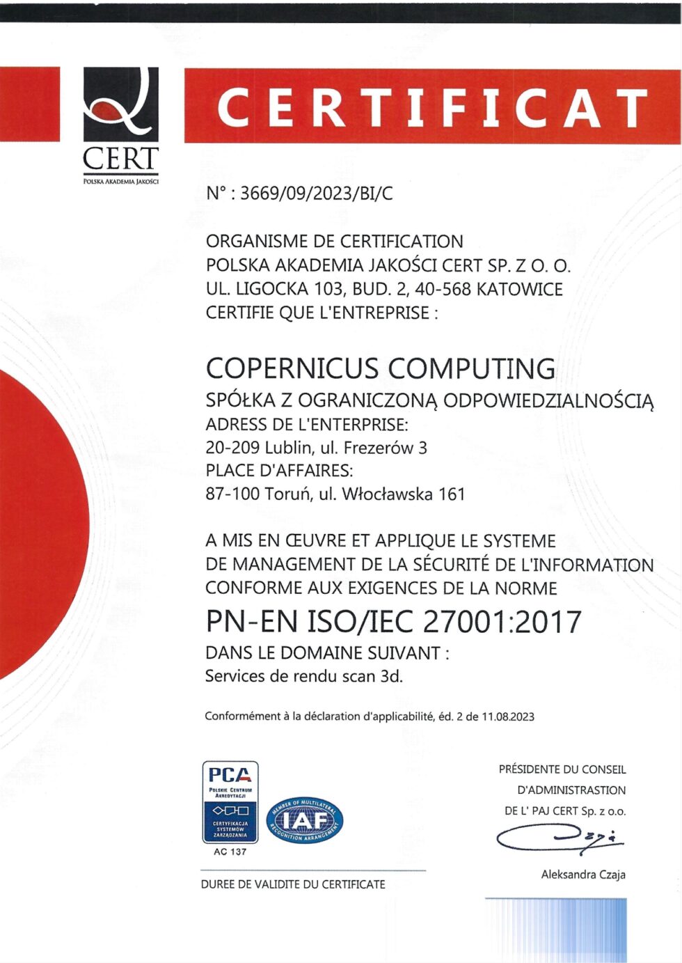 Certificat ISO - Copernicus Computing